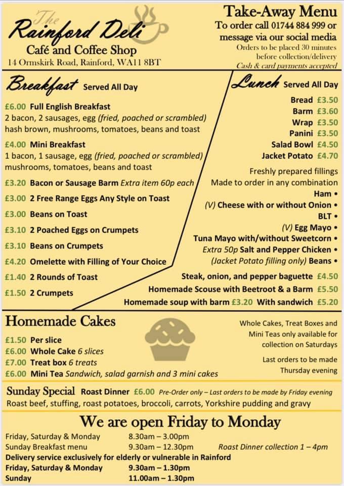 Menu at The Rainford Deli cafe, St Helens, 14 Ormskirk Rd