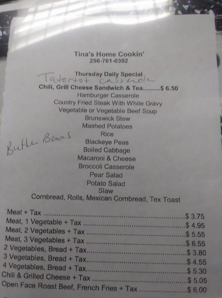 Menu at Tina's Home Cookin' restaurant, Talladega