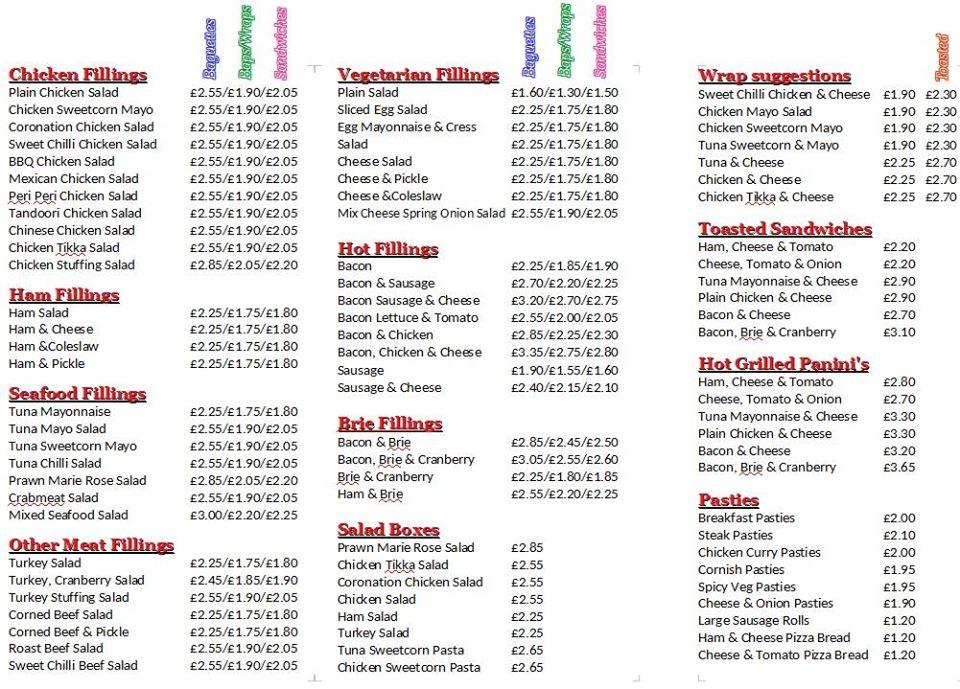 Menu at Upper Crust Sandwich Bar & Bakery, Poole