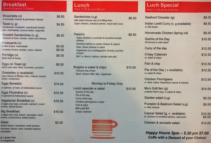 Menu at Cargill Cafe, Victoria Park