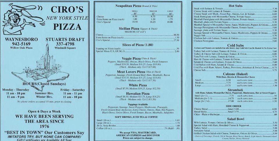 Menu at Ciro's Pizza pizzeria, Stuarts Draft