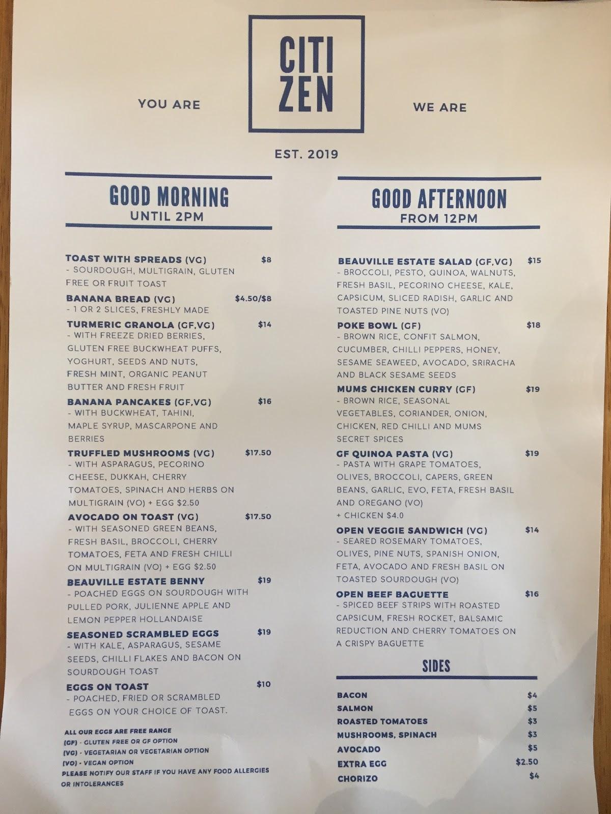 Menu at Citizen Cafe, Murrumbeena