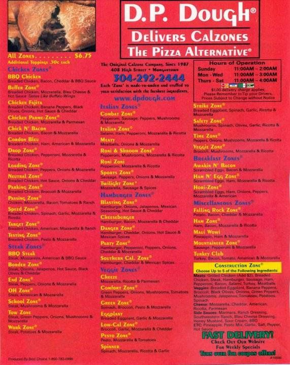 Menu at D.P. Dough pizzeria, Morgantown