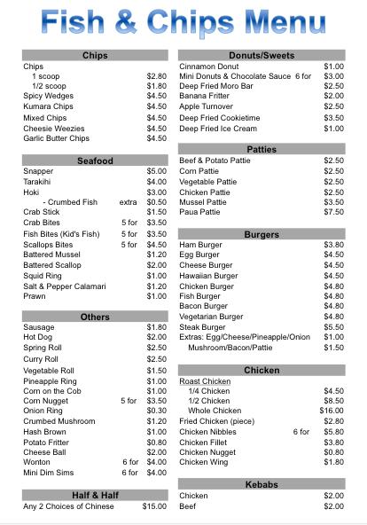 Menu at Master Fish 'N' Chicken fast food, Tauranga