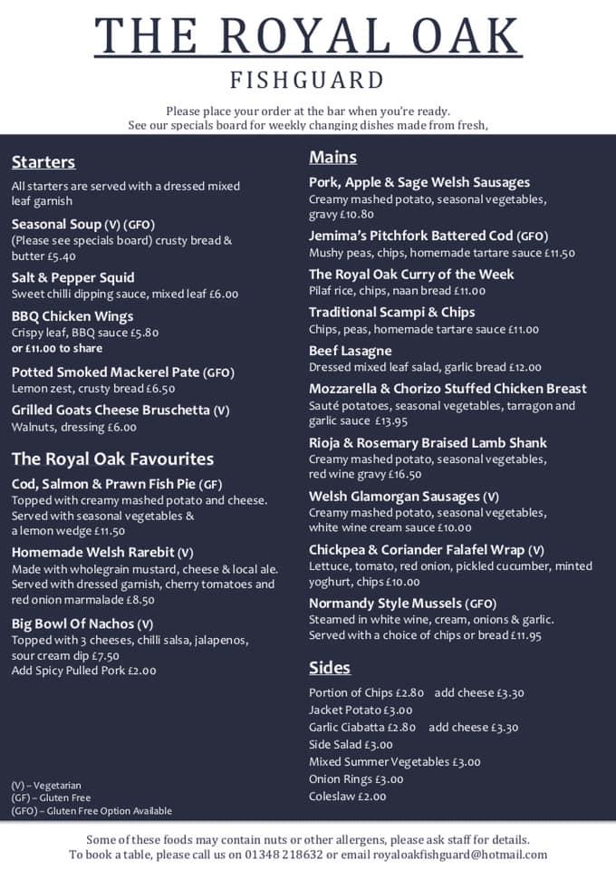 Menu at Royal Oak pub & bar, Fishguard