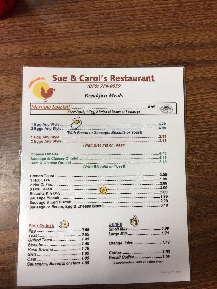 Menu at Sue N' Carol's Kitchen restaurant, Texarkana, 938 N State Line Ave