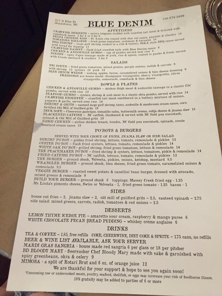 Menu at BLUE DENIM restaurant, Greensboro