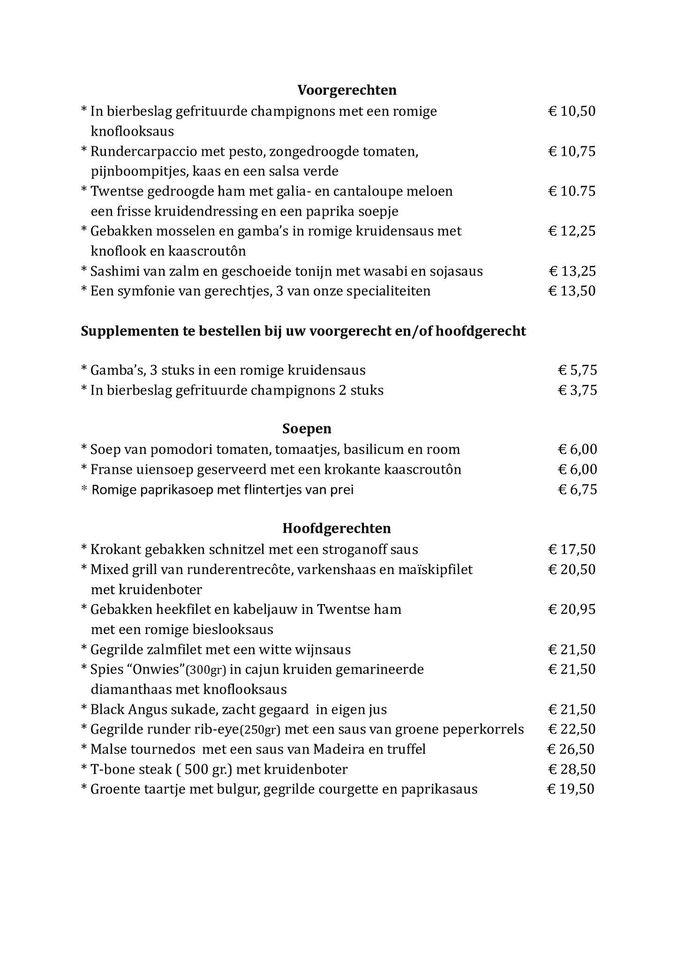 Menu at Bistro le Primeur, Bornerbroek