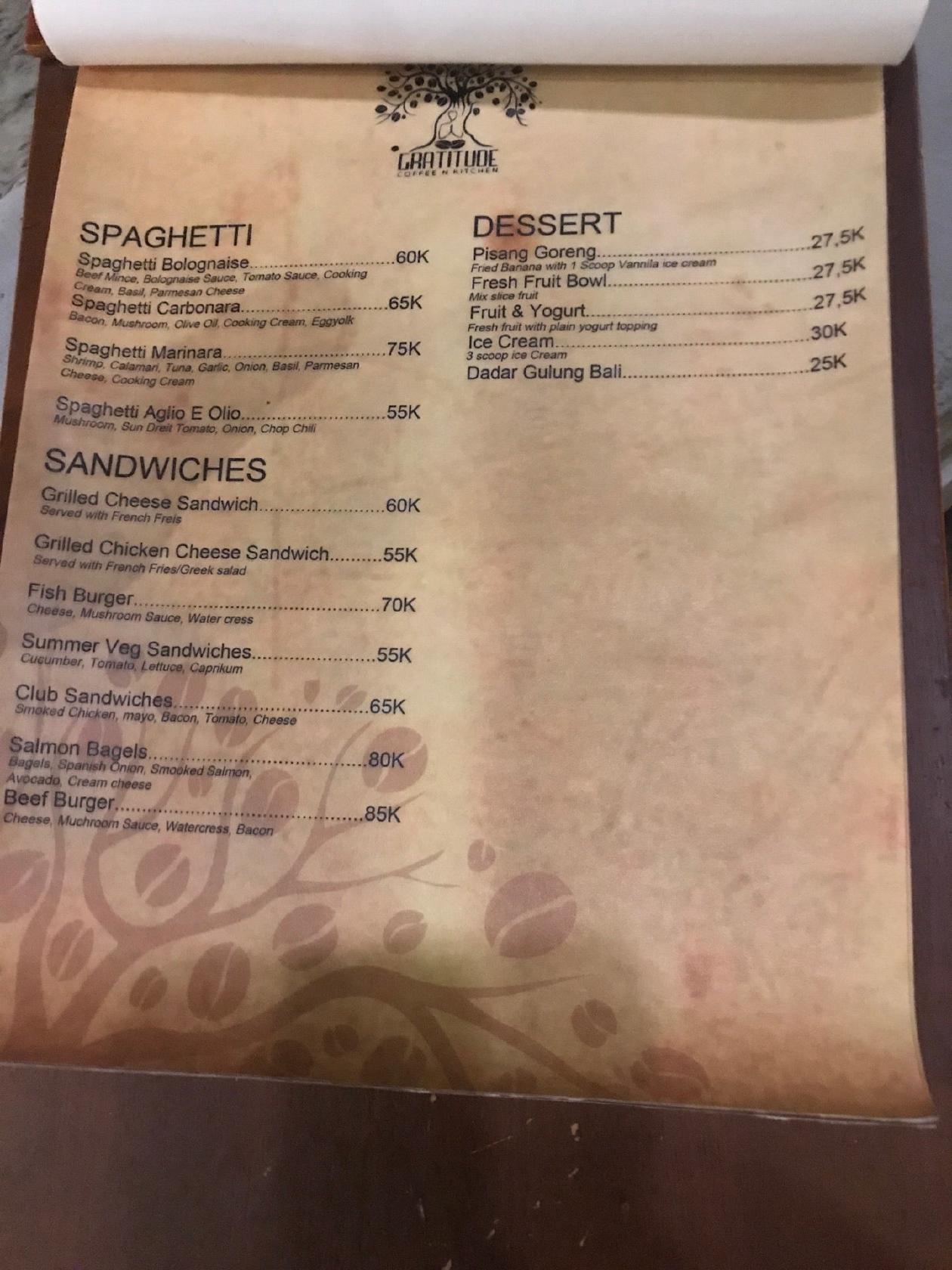 Menu at Gratitude Cafe Ubud, Ubud, Jl. Pestenanan