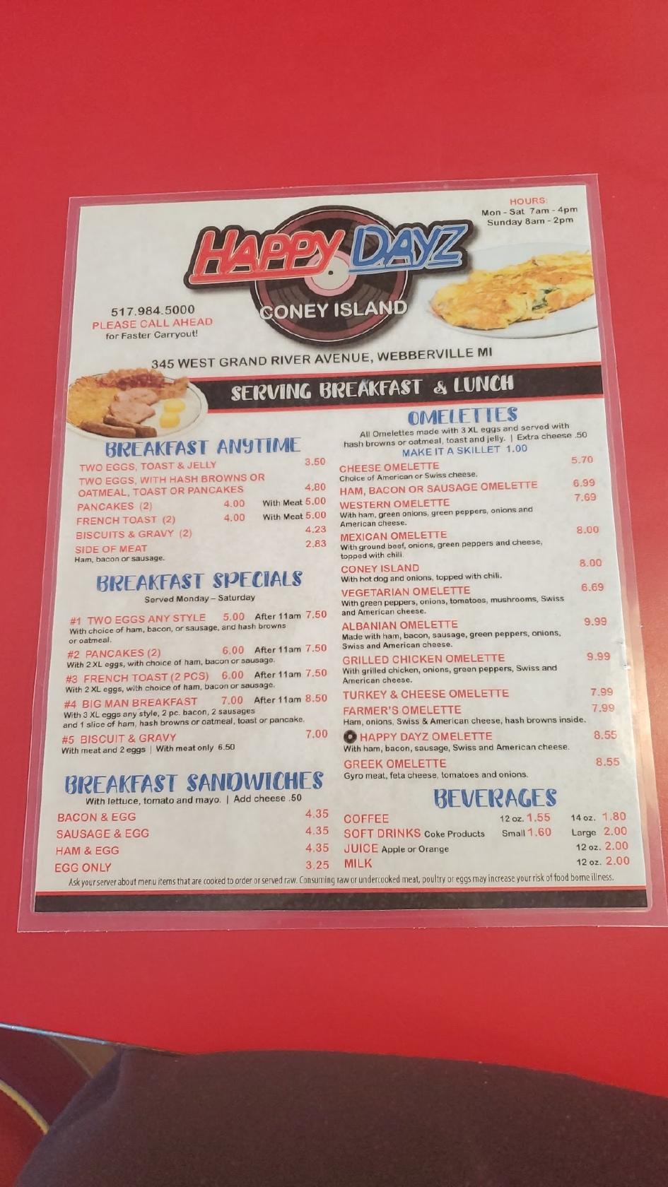 Menu at Happy Dayz The Remix restaurant, Webberville