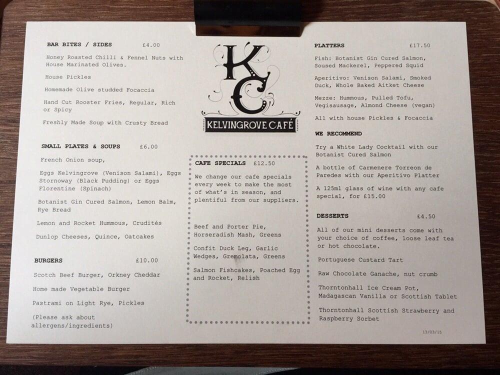 Menu at Kelvingrove Café pub & bar, Glasgow