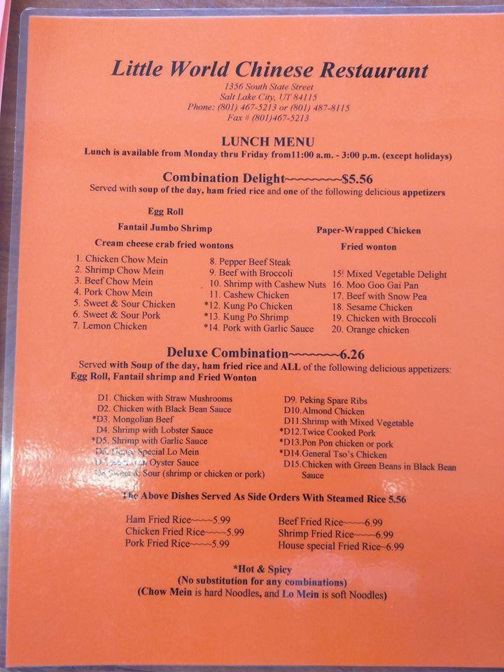 Menu at Little World restaurant, Salt Lake City