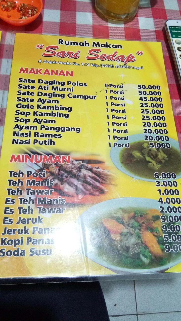 Menu at Sari Sedap Sate Kambing Paling Enak restaurant, Tegal