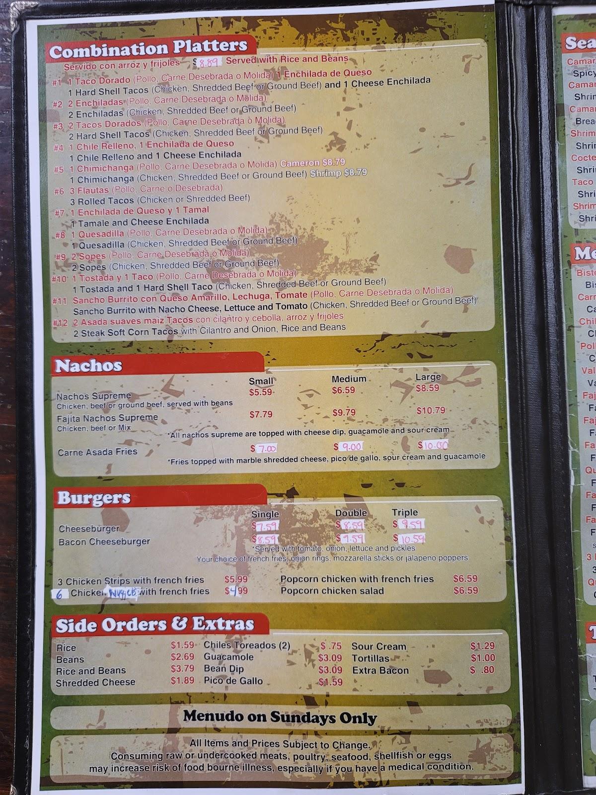 Menu at Tapia's Mexican Restaurant, Belpre