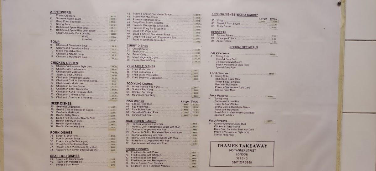 Menu at Thames Take Away restaurant, London