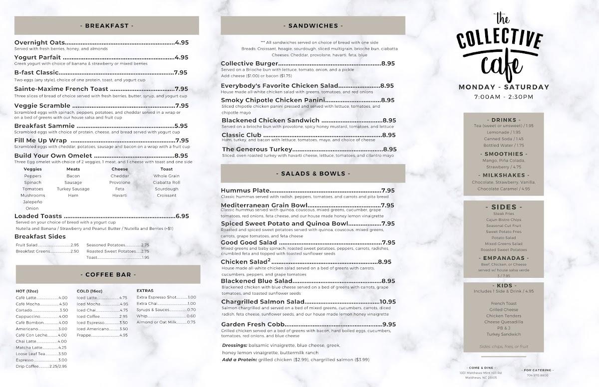 Menu at The Collective Cafe, Matthews