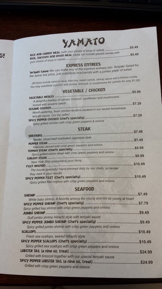 Menu at Yamato Japanese Steakhouse, Johnson City