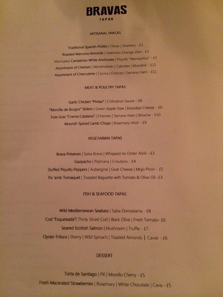 Menu at Bravas Tapas restaurant, London
