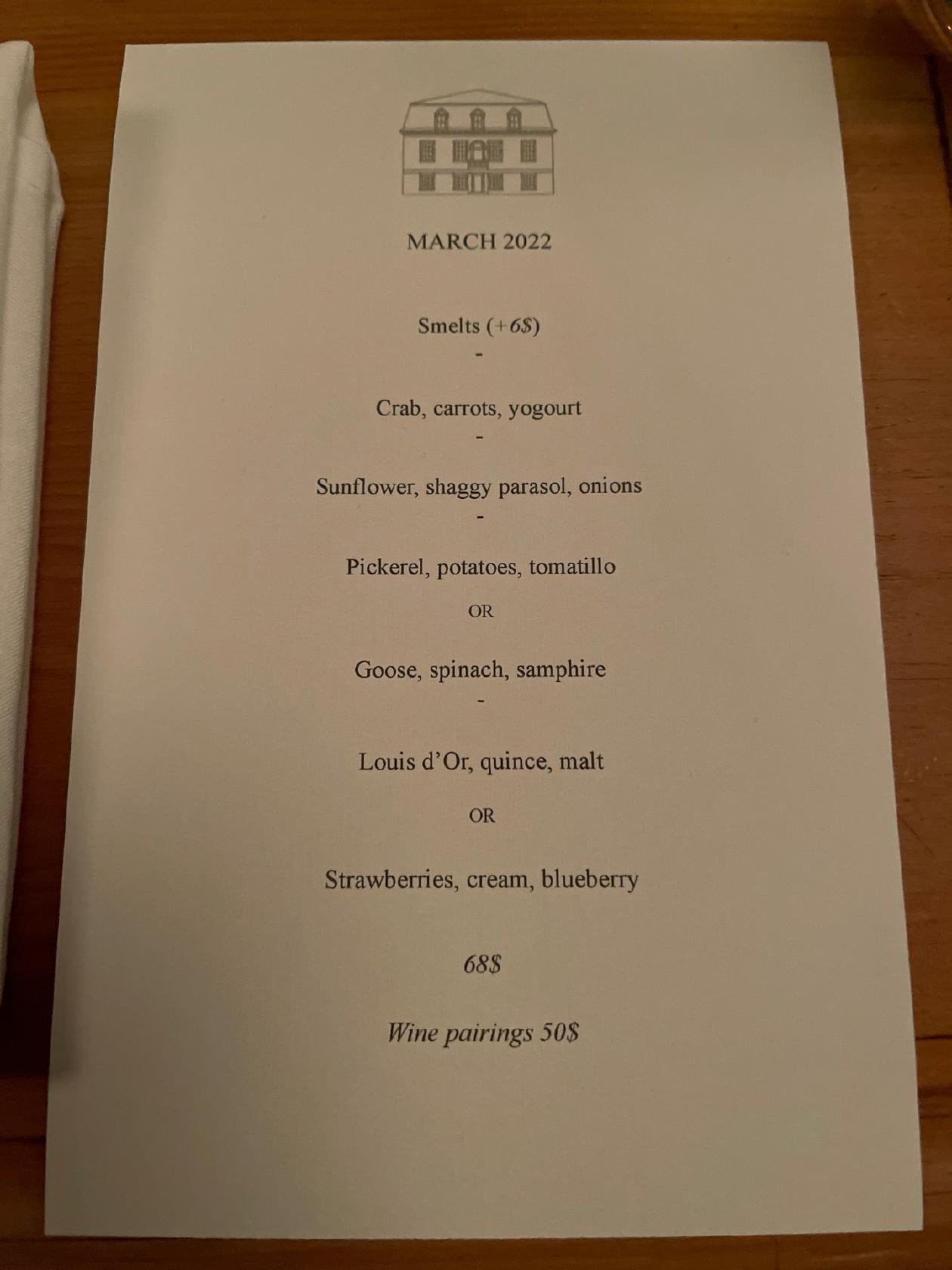 Menu at Candide restaurant, Montréal, 551 Rue Saint-Martin