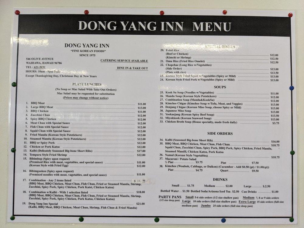 Menu at Dong Yang Inn restaurant, Wahiawa