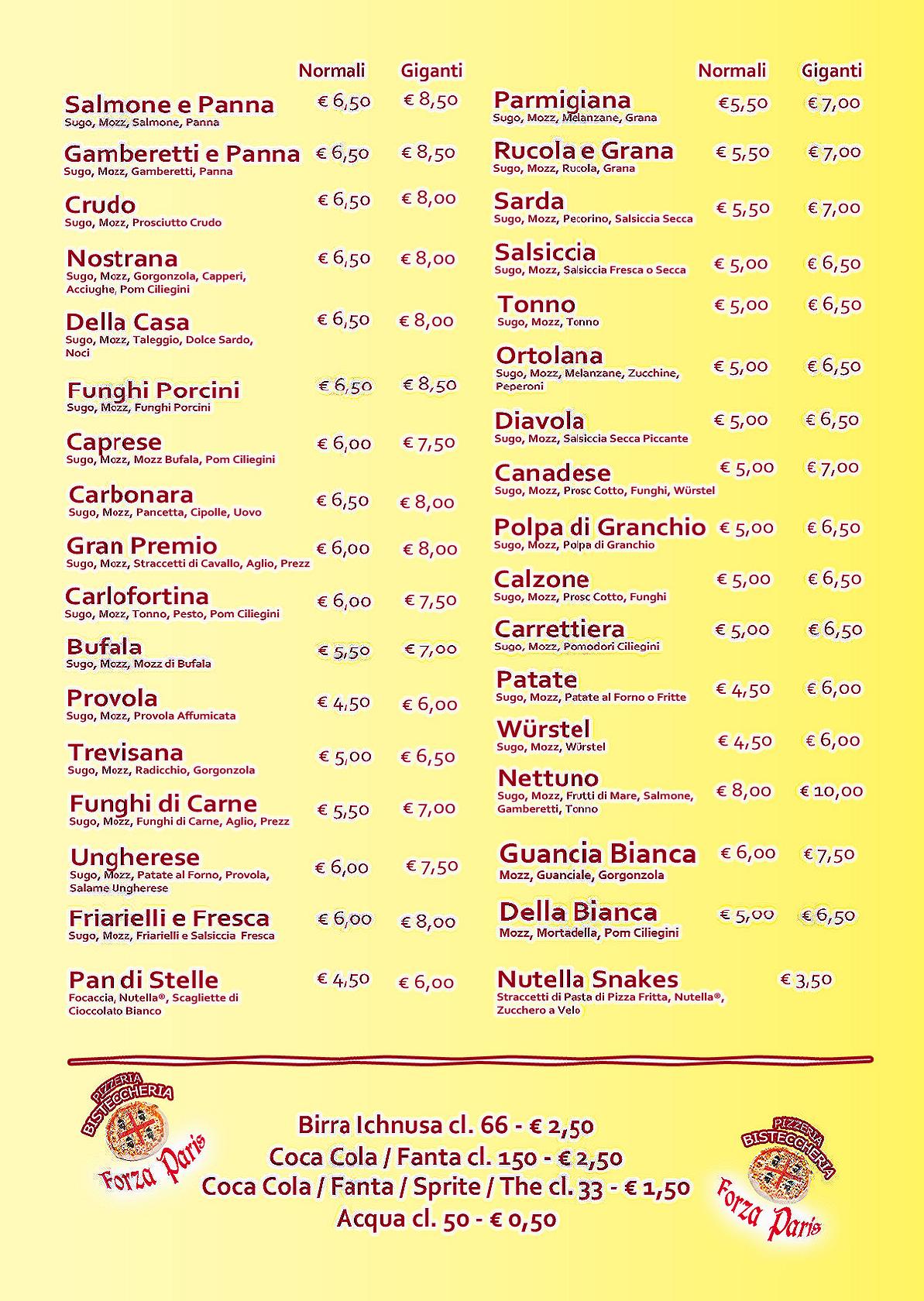 Menu at FORZA PARIS restaurant, Quartu Sant'Elena
