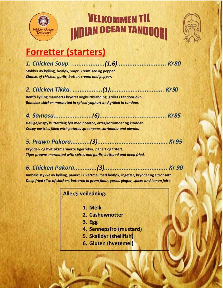 Menu at Indian Ocean Tandoori restaurant, Kristiansand