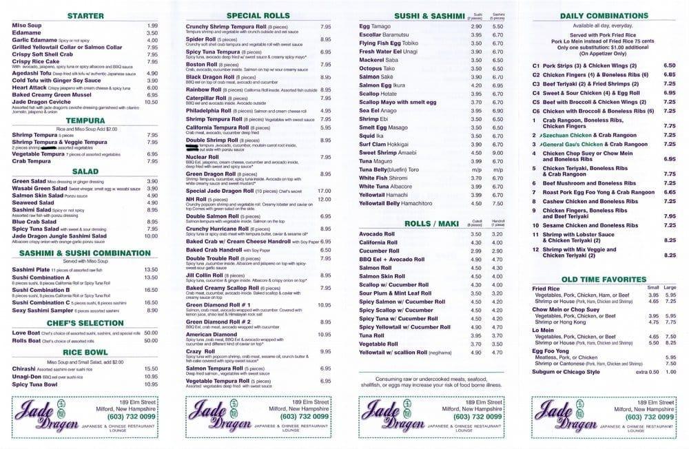 Menu at Jade Dragon restaurant, Milford, 189 Elm St