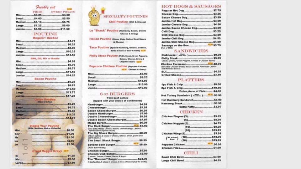 Menu at Le Shack A Patate restaurant, Timmins