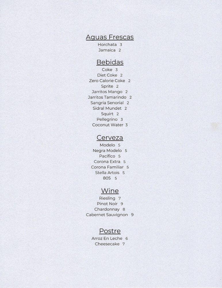 Menu at Villa Azteca restaurant, Salinas