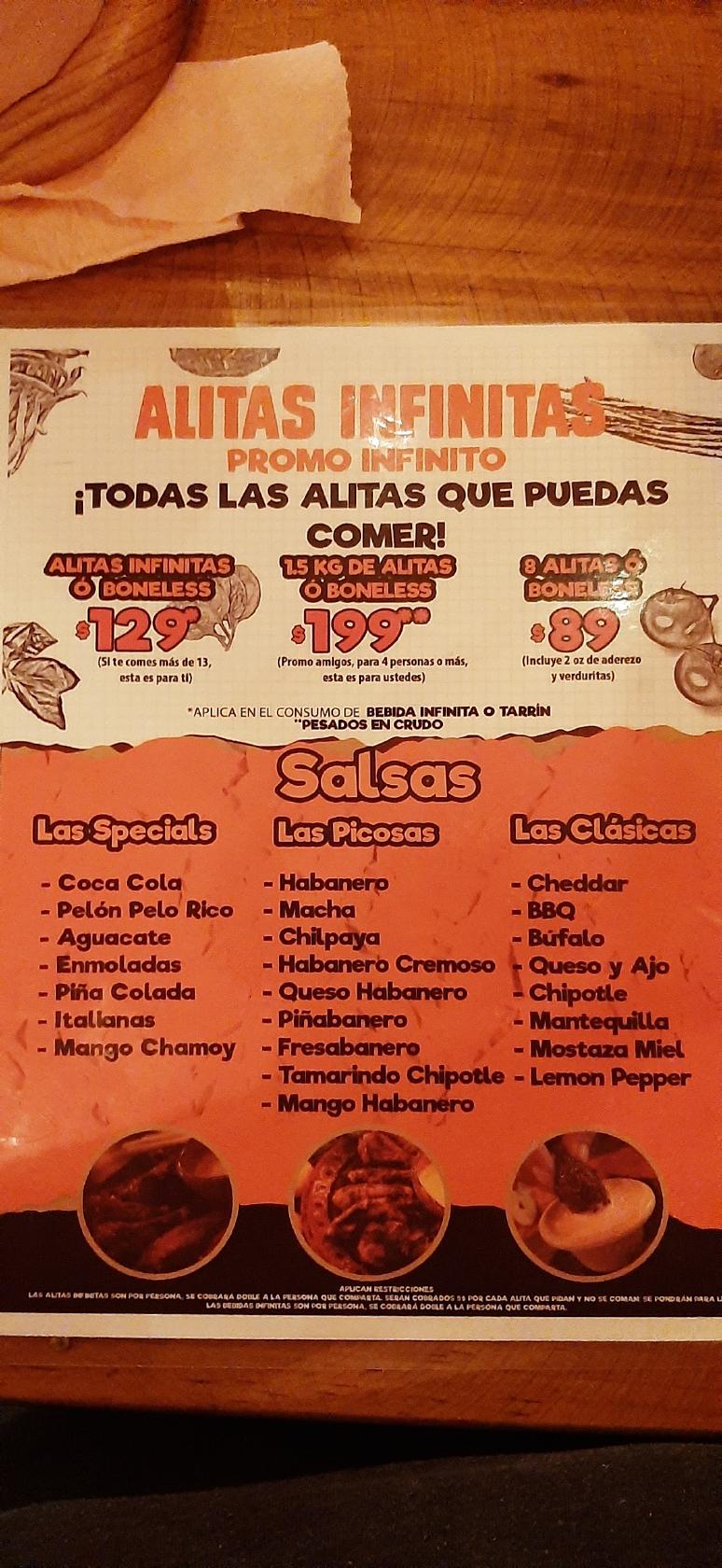 Menu at ALITAS INFINITAS restaurant, Veracruz