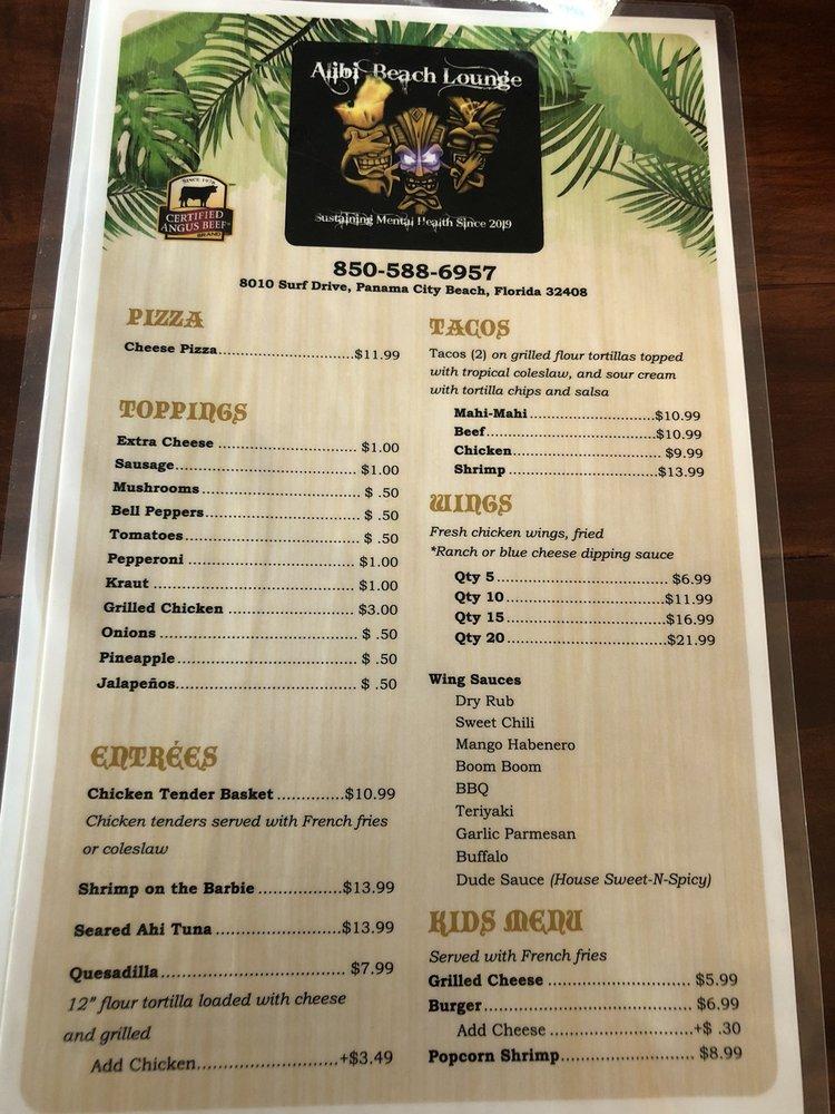 Menu at The Alibi Beach Lounge & Grill pub & bar, Panama City Beach