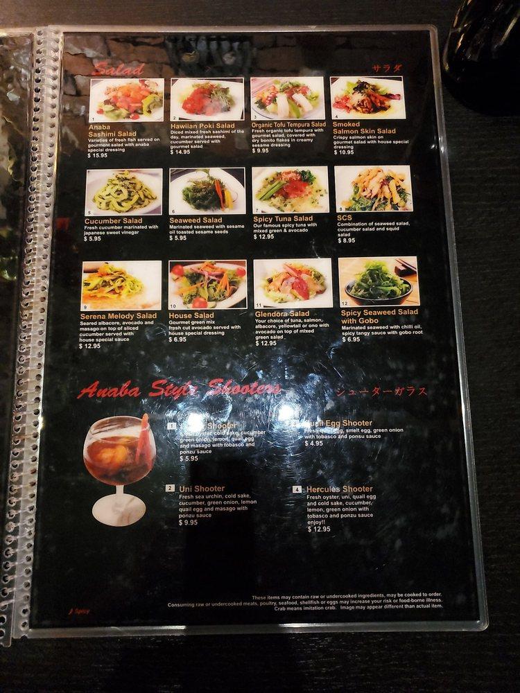 Menu at Anaba Sushi restaurant, Glendora