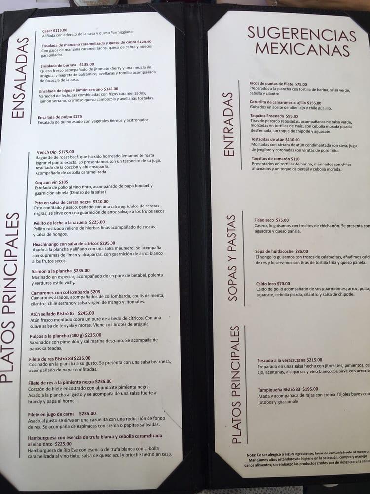 Carta del restaurante BISTRO 83, Ciudad del México, C. del la Amargura 17