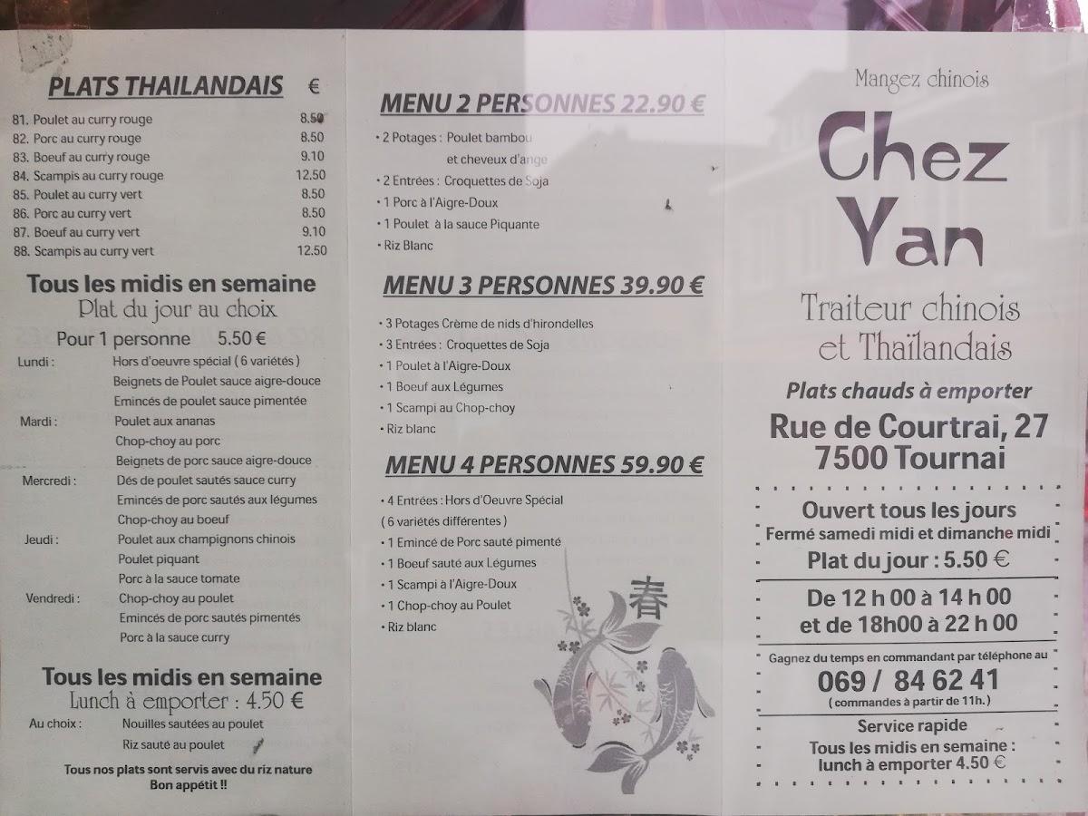 Menu au Chez Yan Plats À Emporter, Tournai