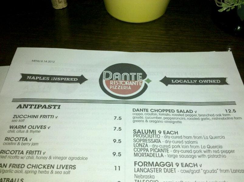 Menu at DANTE pub & bar, Omaha