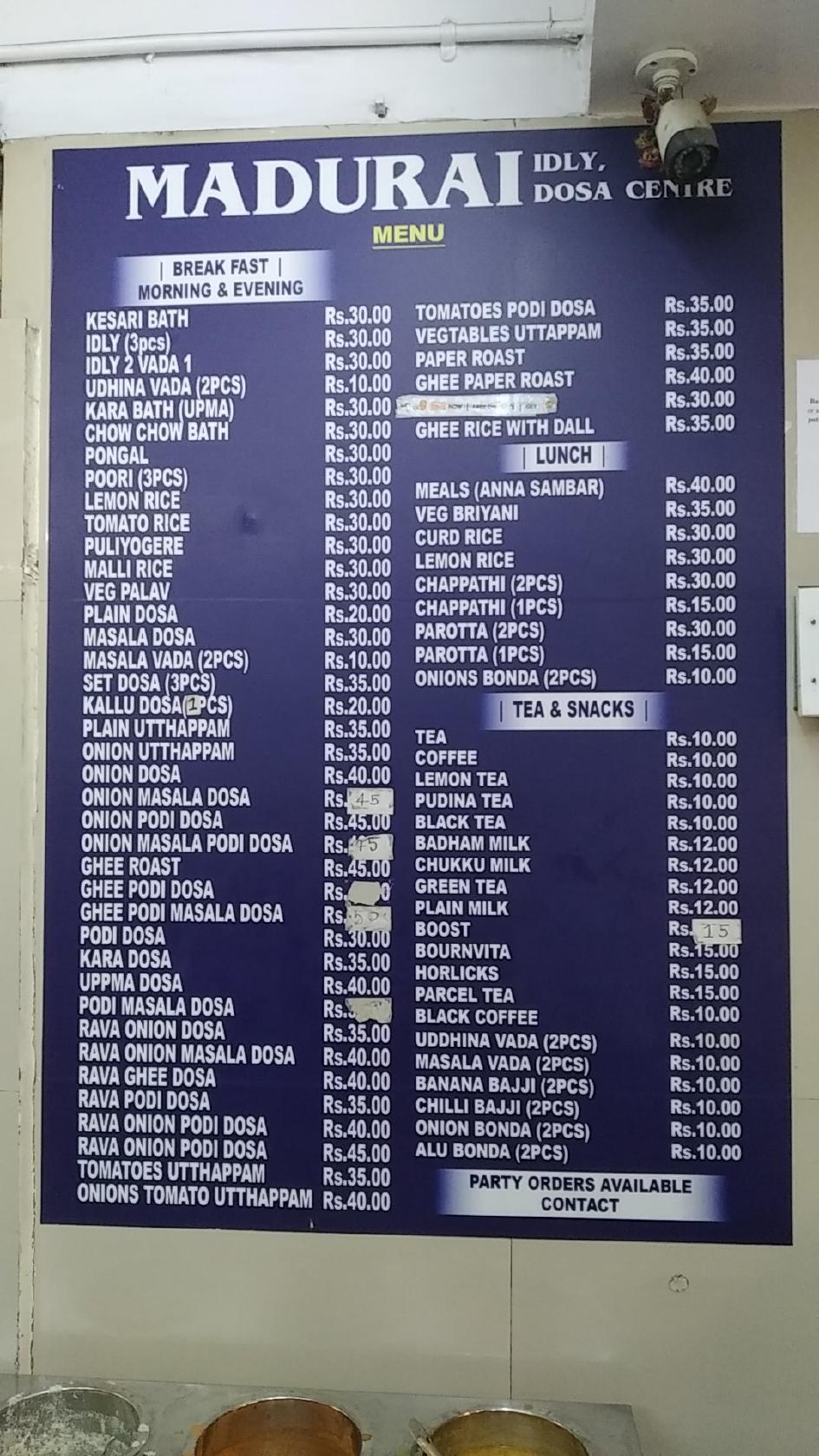 Menu at Madhurai Idly Dosa Shop, Bengaluru
