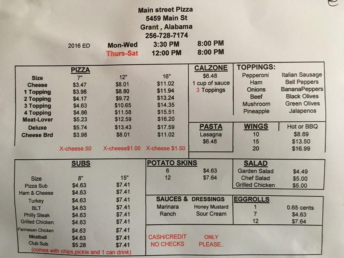 Carta del restaurante Main Street Pizza, Grant, 4442 Main St