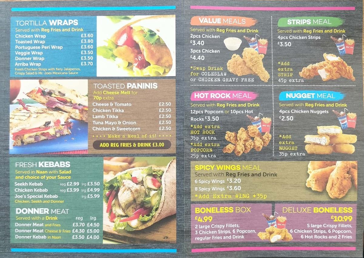 Menu at Mr Joe's fast food, Blackburn