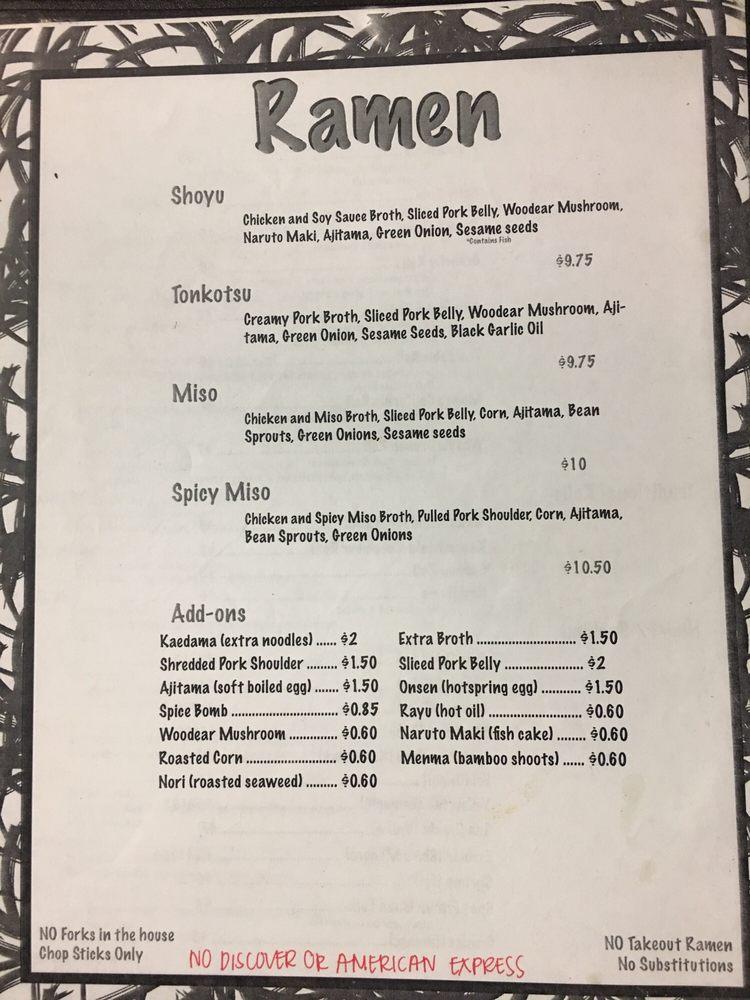 Menu at Nama Ramen restaurant, San Antonio