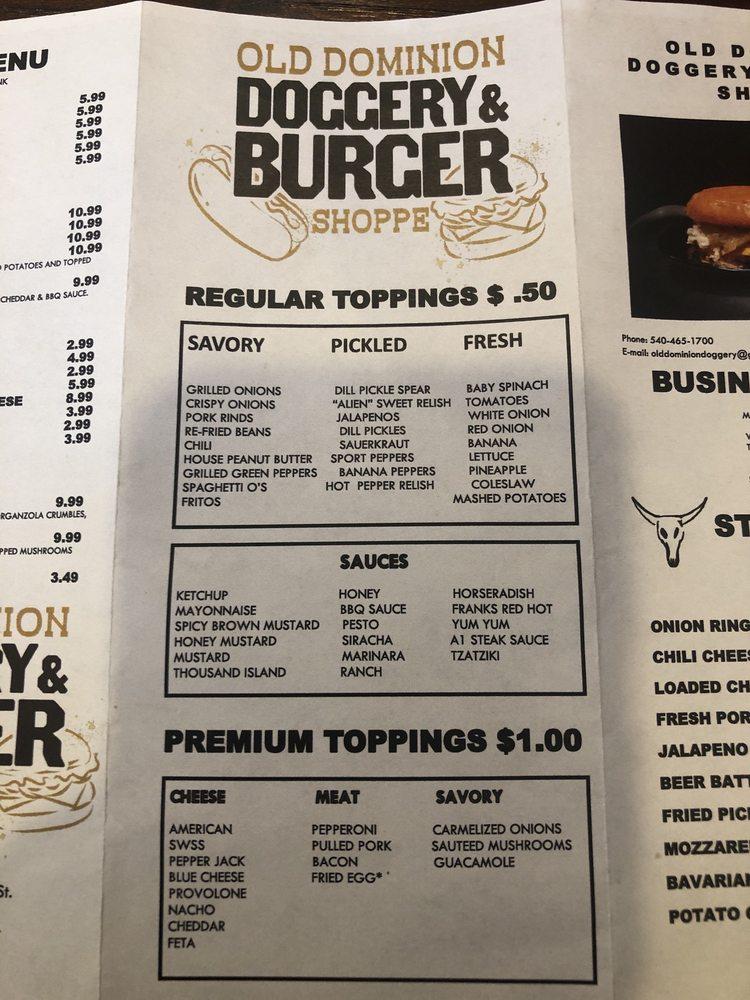 Menu at Old Dominion Doggery & Burger Shoppe restaurant, Strasburg