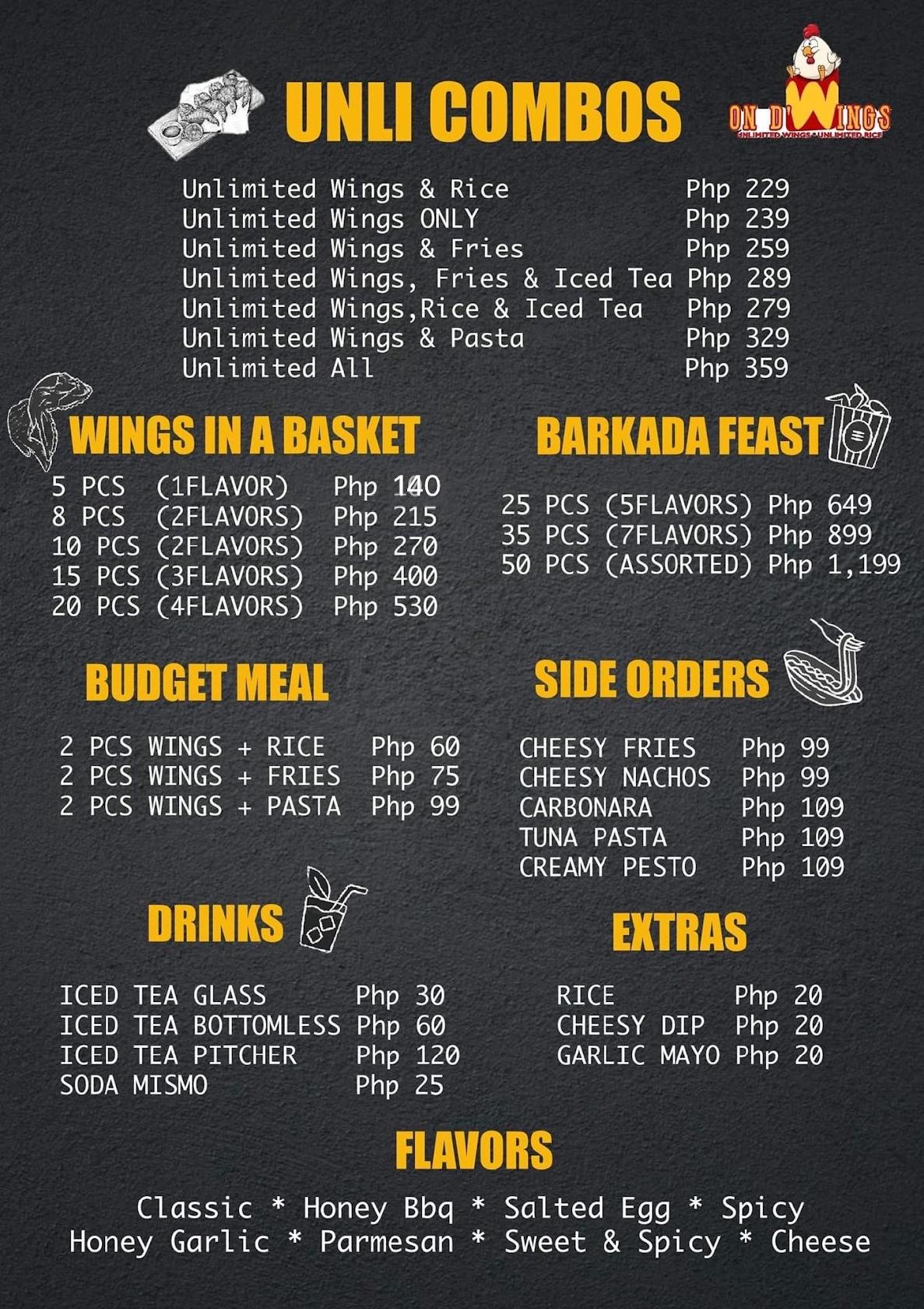 Menu at On D' Wings restaurant, Parañaque