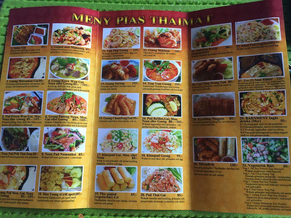 Menu at Pias Thaimat Takeaway, Sweden