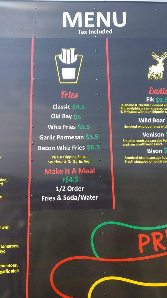 Menu at Pretty Odd Wieners fast food, South Lake Tahoe, Hwy 50