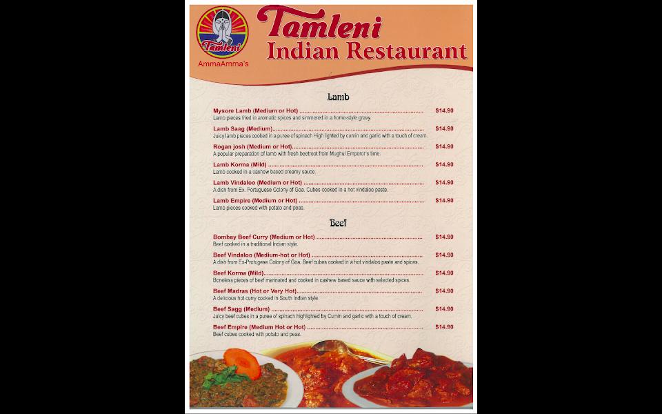 Menu at Tamleni restaurant, Penrith