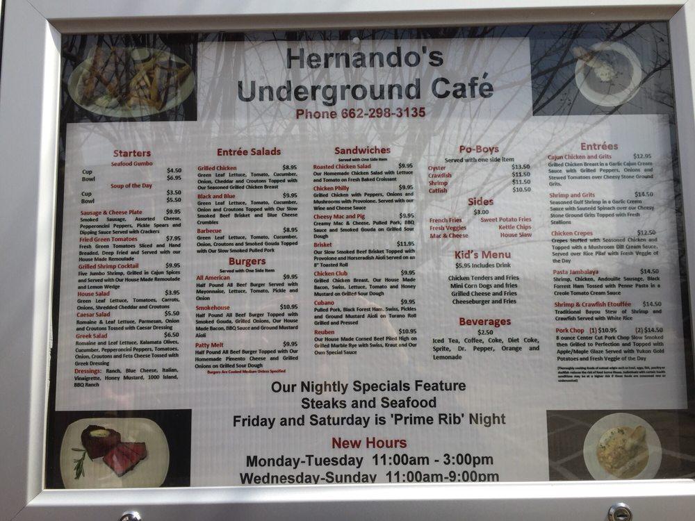 Menu at Underground Cafe, Hernando