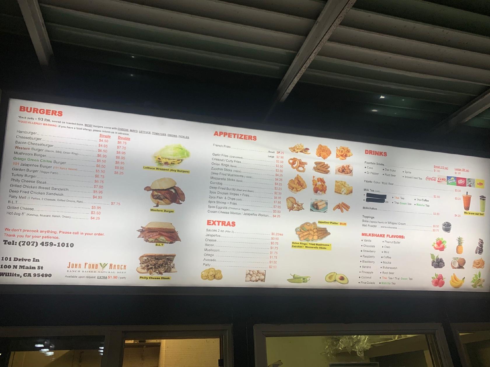 Carta del restaurante 101 Drive-In, Willits