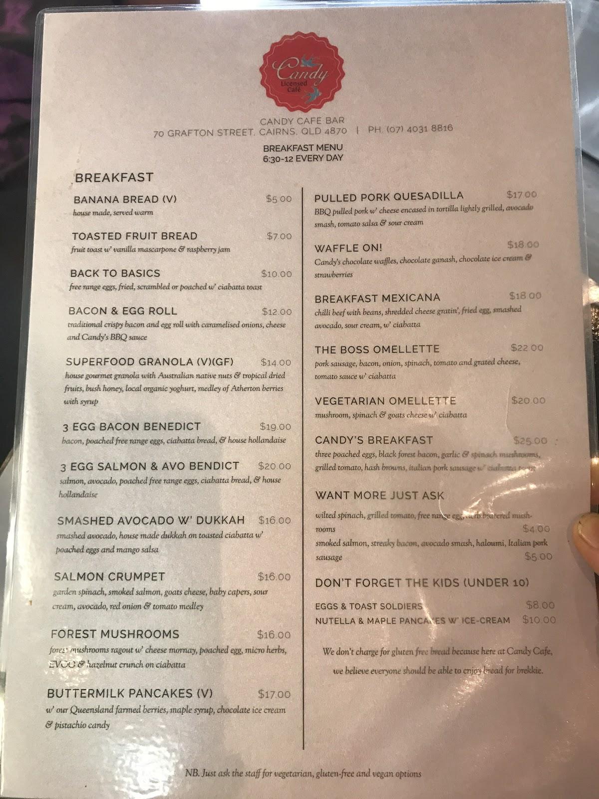 Menu at Candy Cafe Bar, Cairns