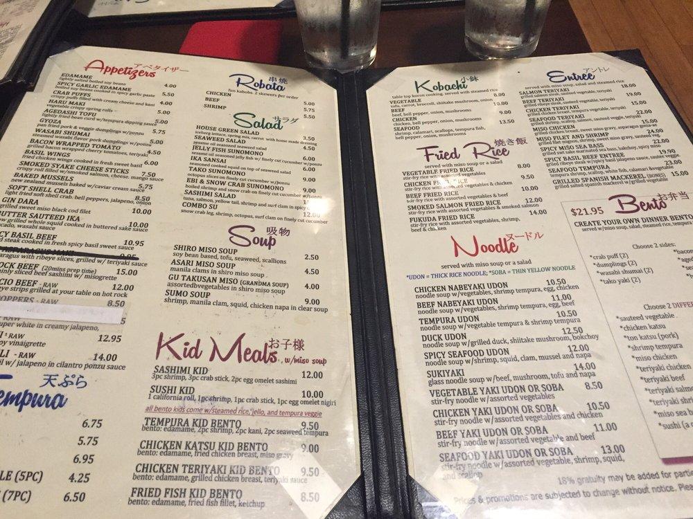 Menu at Fukuda sushi Japanese restaurant, The Woodlands