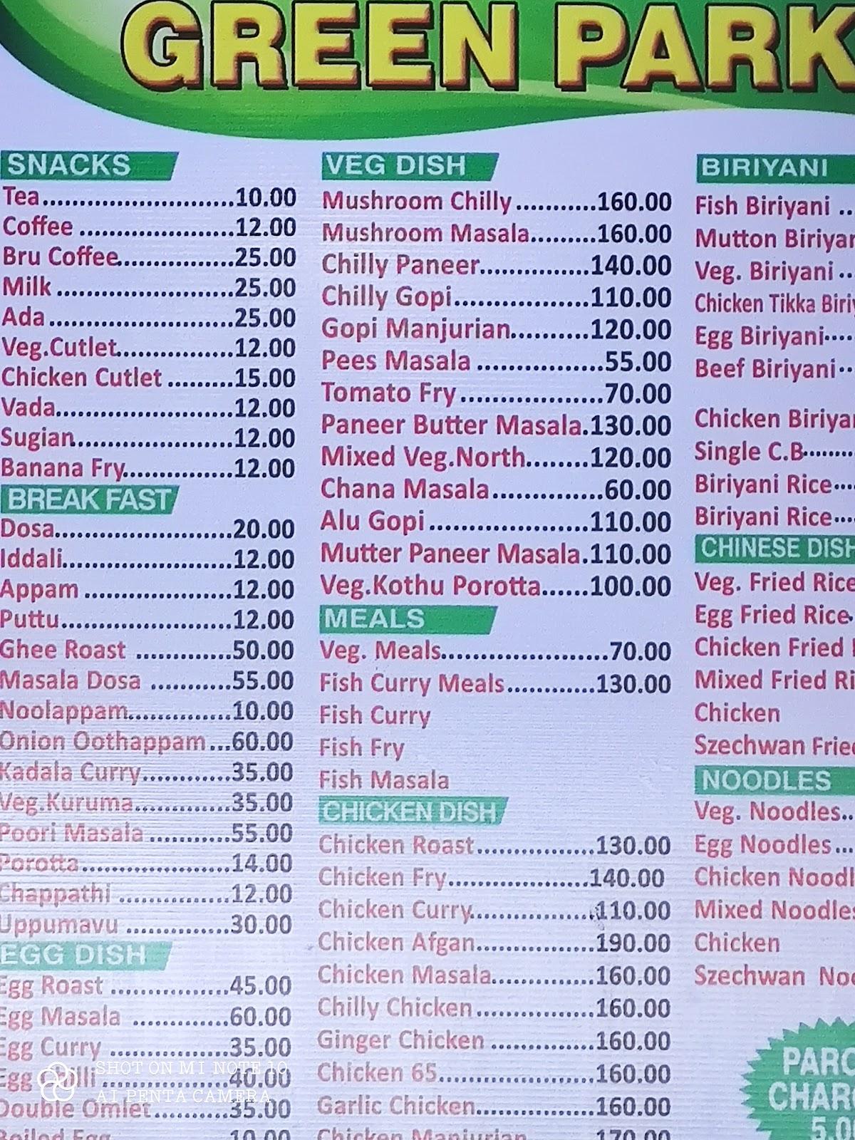 Menu at Hotel Green Park, Thrissur, Kodungallur - Shornur Rd