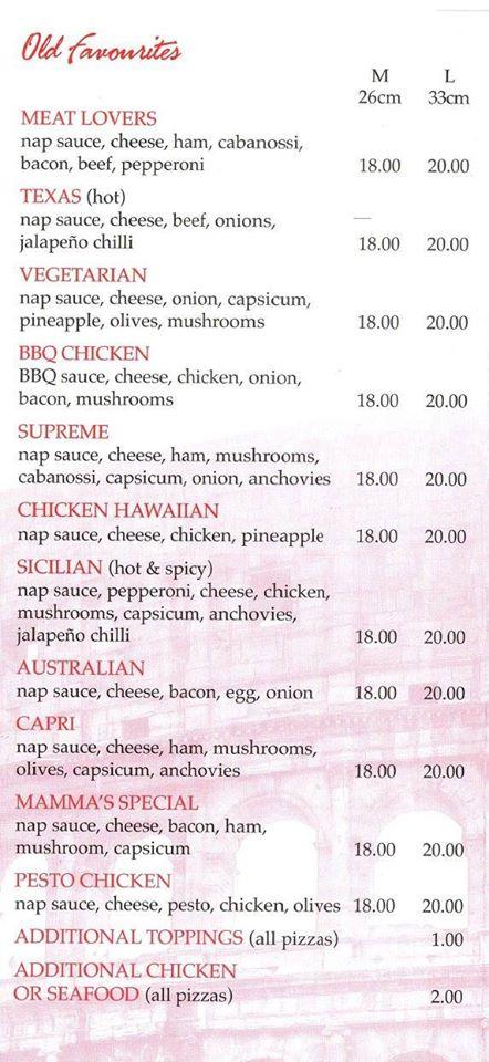 Menu at IL Colosseo pizzeria, Taree